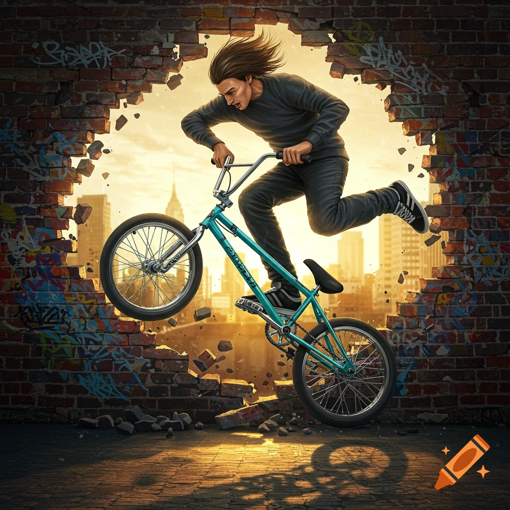 BMX rider bursting through a brick wall mid-air, city skyline in ...