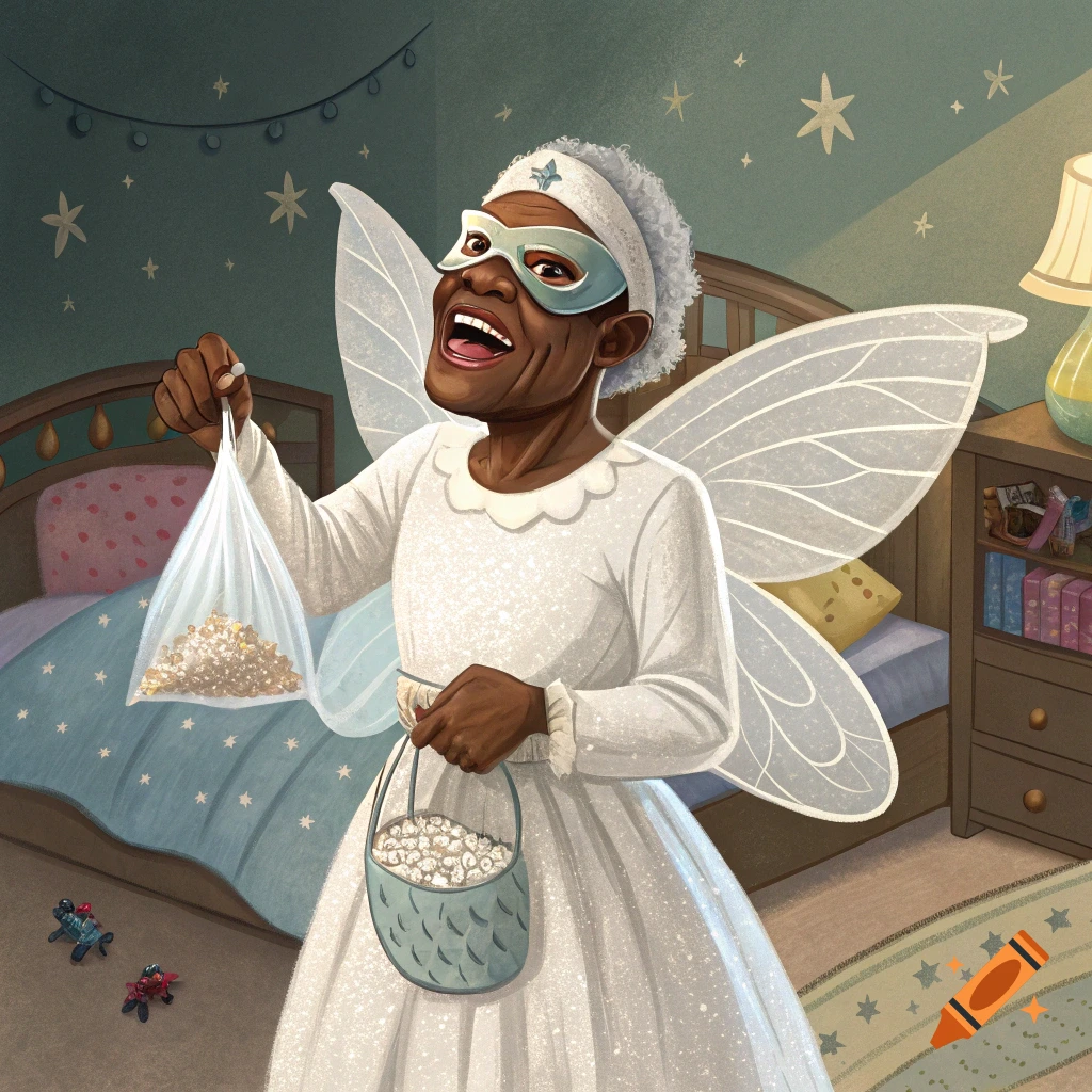 Illustration of an elderly person dressed as a tooth fairy in a bedroom ...