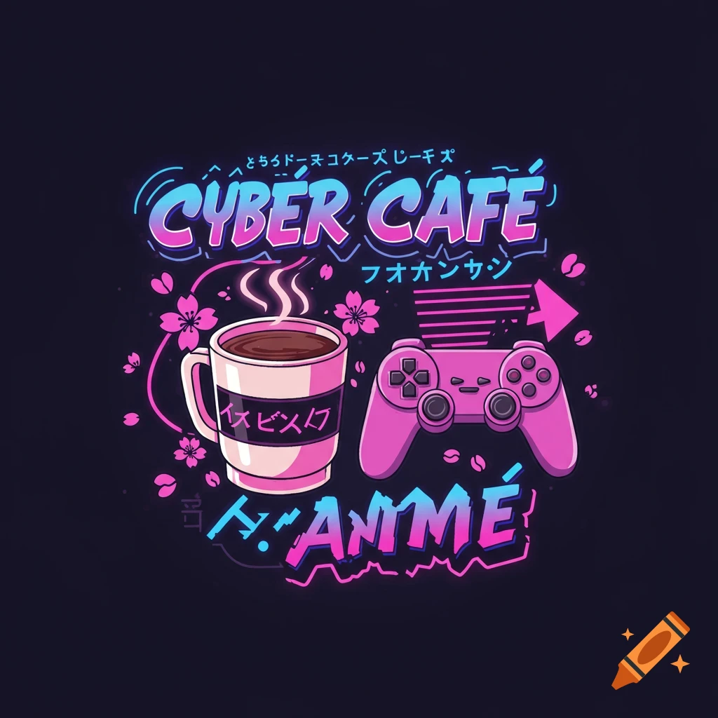 Logo for an anime cyber cafe with gaming, featuring a coffee cup and ...