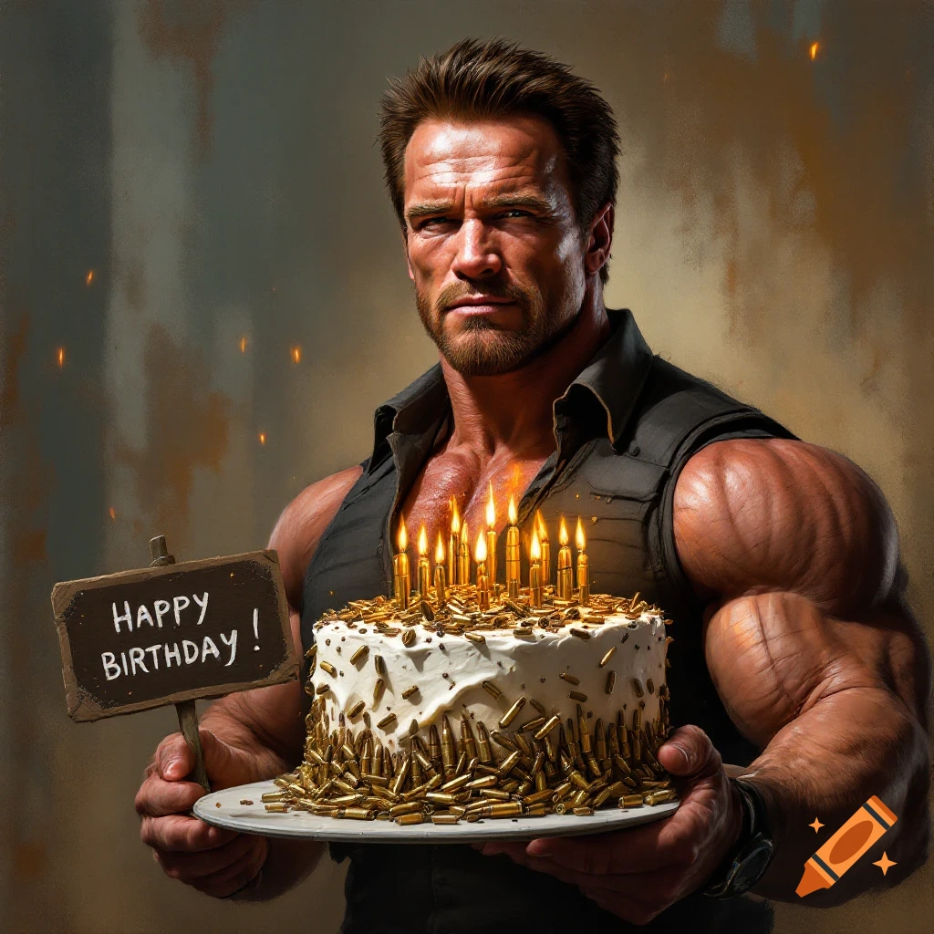 Painterly image of a birthday cake with lighted candles and 'HAPPY ...