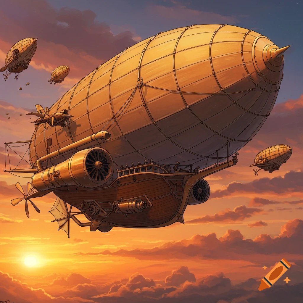 A detailed steampunk airship with multiple sails flies over a vast, sun-dappled ocean under a ...