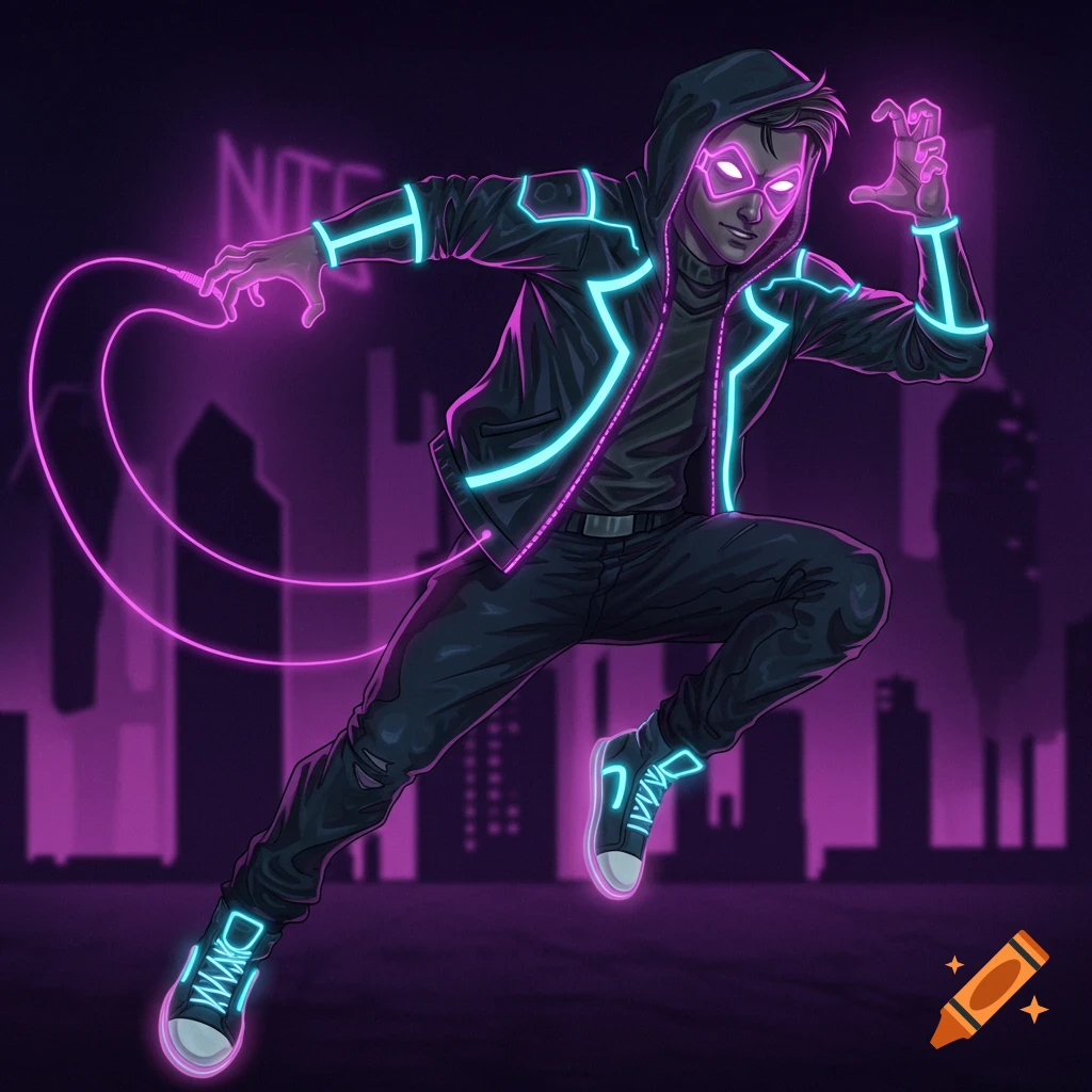 Neon, a young vigilante with neon powers on Craiyon