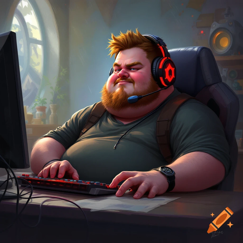 Illustrated man with beard and headset playing computer games. on Craiyon