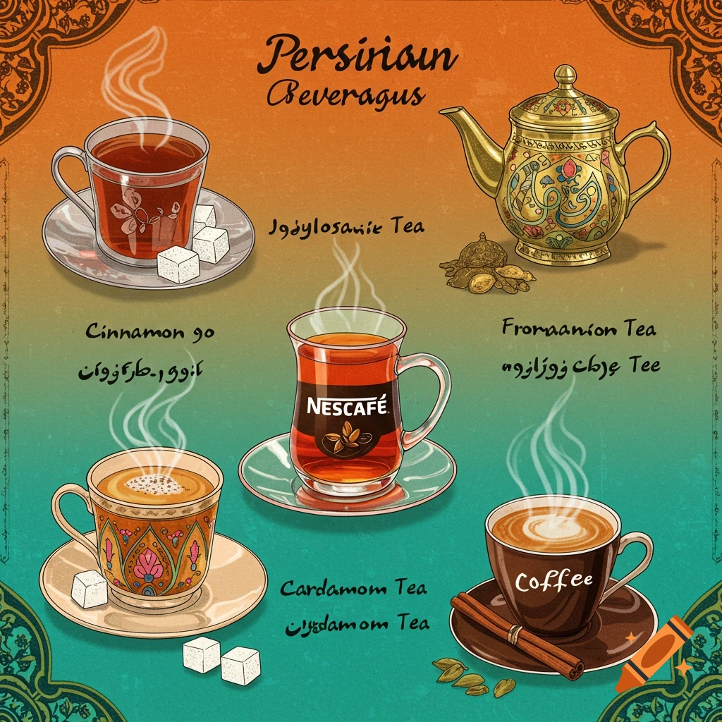 Persian menu design with Iranian tea, Nescafe, cinnamon tea, cardamom ...