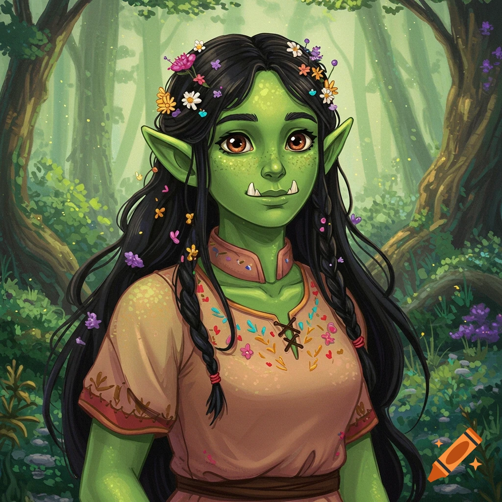 A Ghibli-style portrait of a green-skinned orc female with flowers in her hair in a forest. on ...