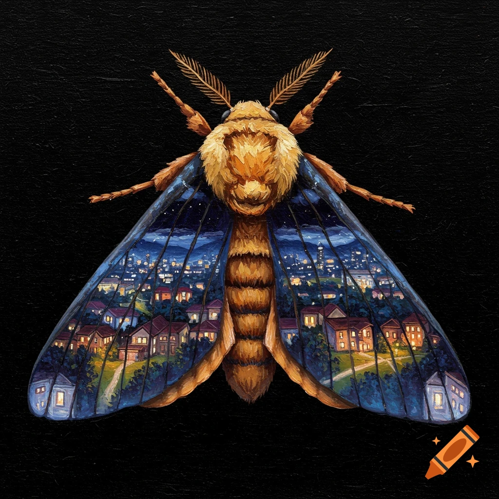 Impasto moth painting with landscape and neighborhood night wings on ...