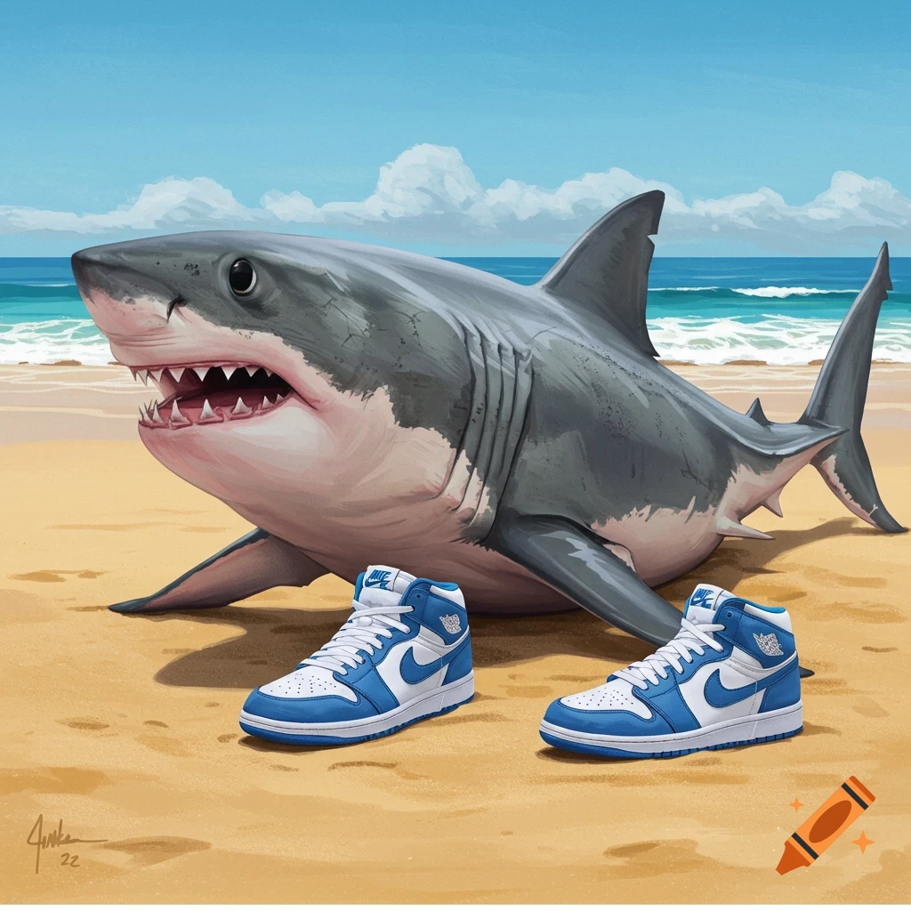 Shark wearing blue tennis shoes on the beach on Craiyon