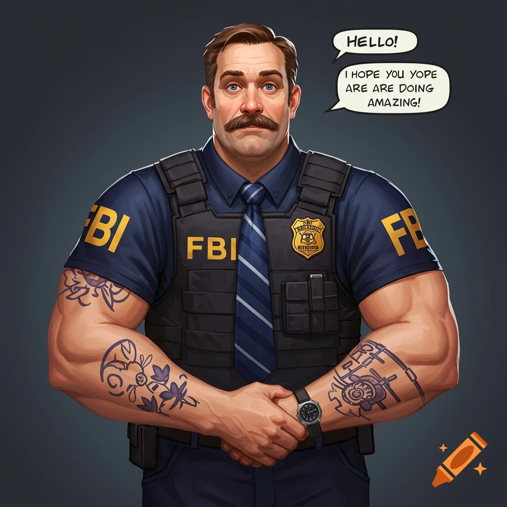 Illustration of a muscular FBI agent with a mustache, tattoos, and a ...