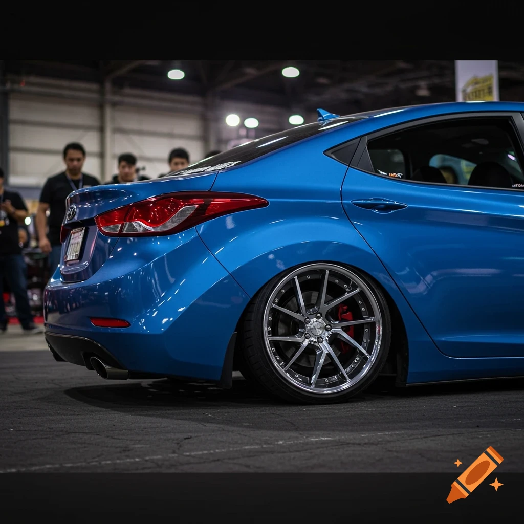 Rear view of a blue Hyundai Elantra with extreme wheel camber at a car ...