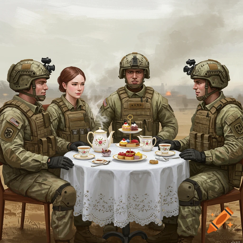 Four soldiers in uniform and combat gear have a tea party at a table outdoors. on Craiyon
