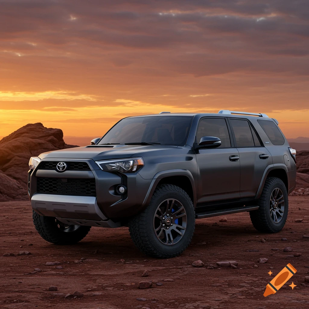 A red Toyota RAV4 towing a silver Porsche GT3 on a mountain road at sunset. on Craiyon