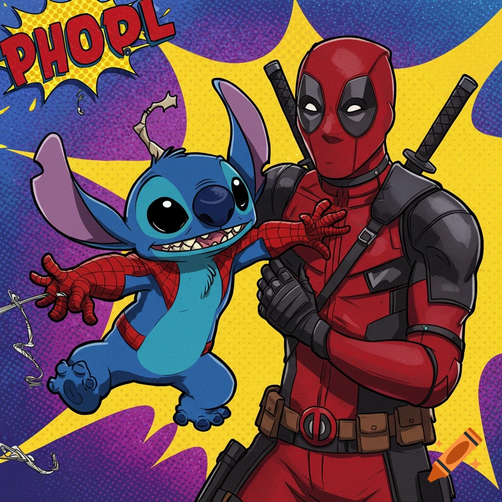 Cartoon illustration of Stitch in a Spider-Man costume next to Deadpool ...