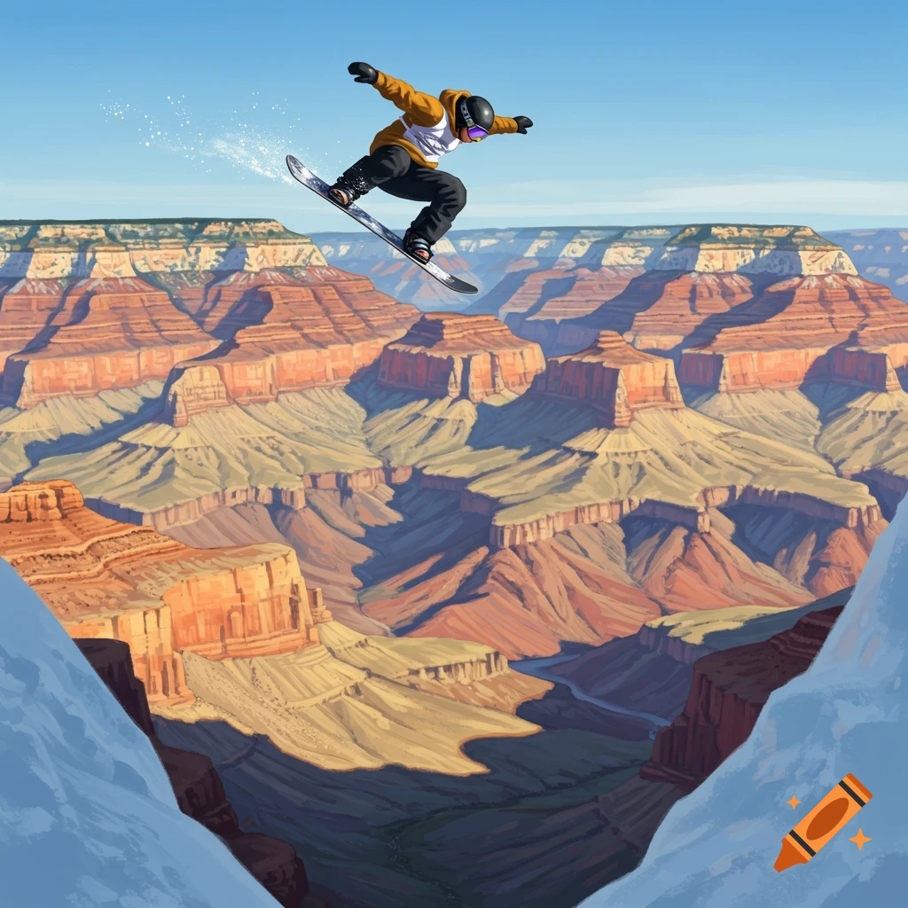 An illustration of a snowboarder jumping high over the vast Grand ...