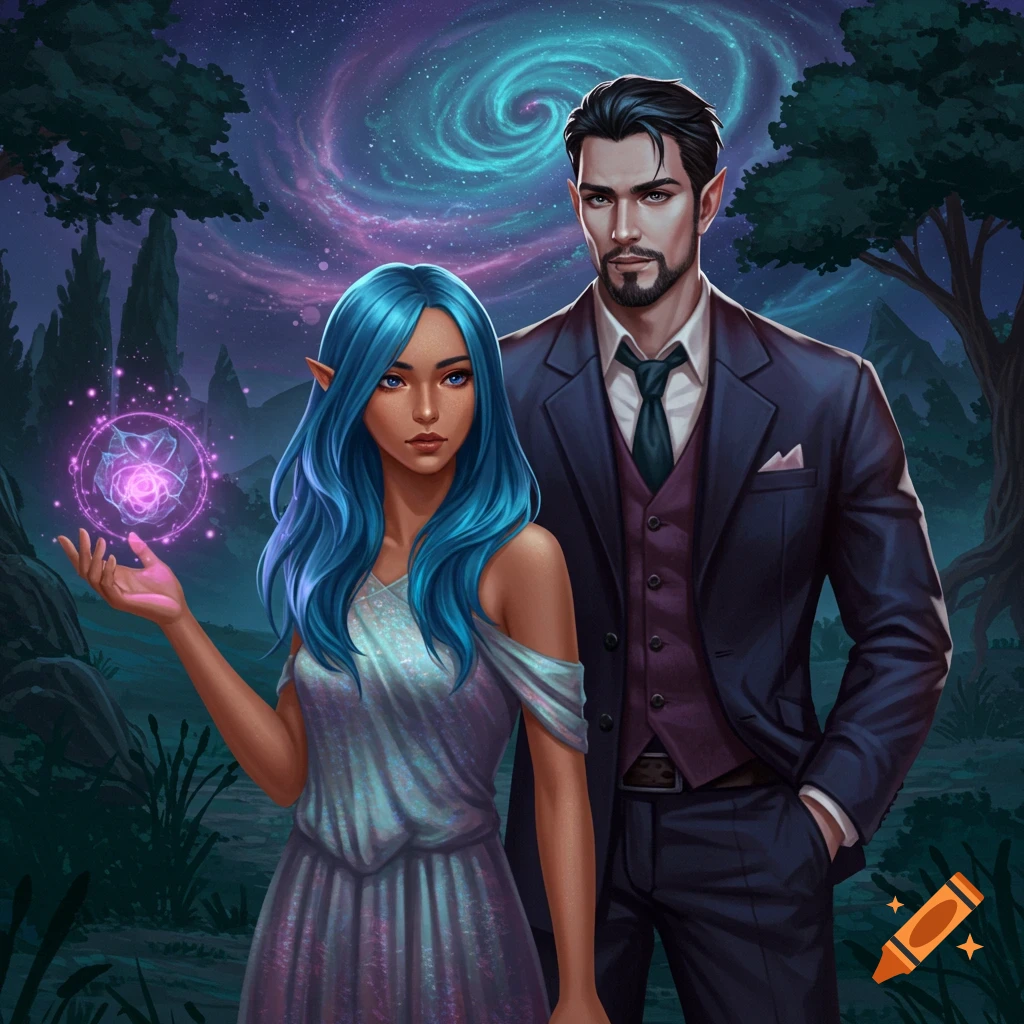 Young blue-haired woman with a muscular vampire on Craiyon