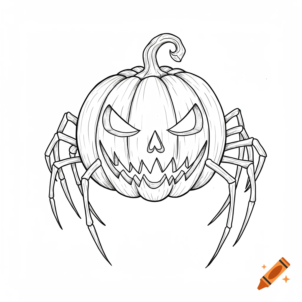 Line drawing of a monstrous jack-o'-lantern with spider legs. on Craiyon