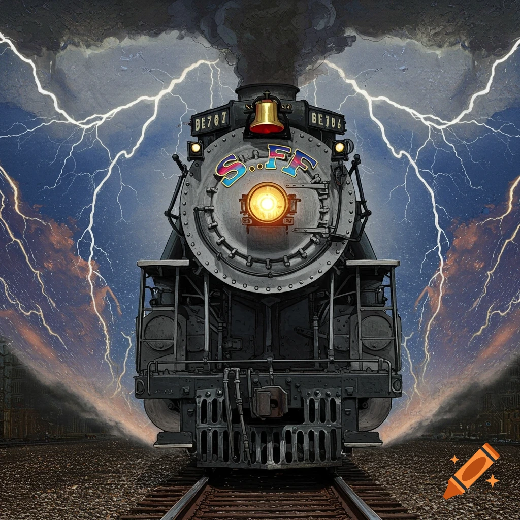 Stylized image of a steam locomotive named Detroit Lightning with S.F. and Grateful Dead ...