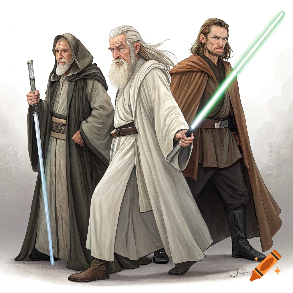 Illustration of three robed fantasy/sci-fi figures holding a staff and ...