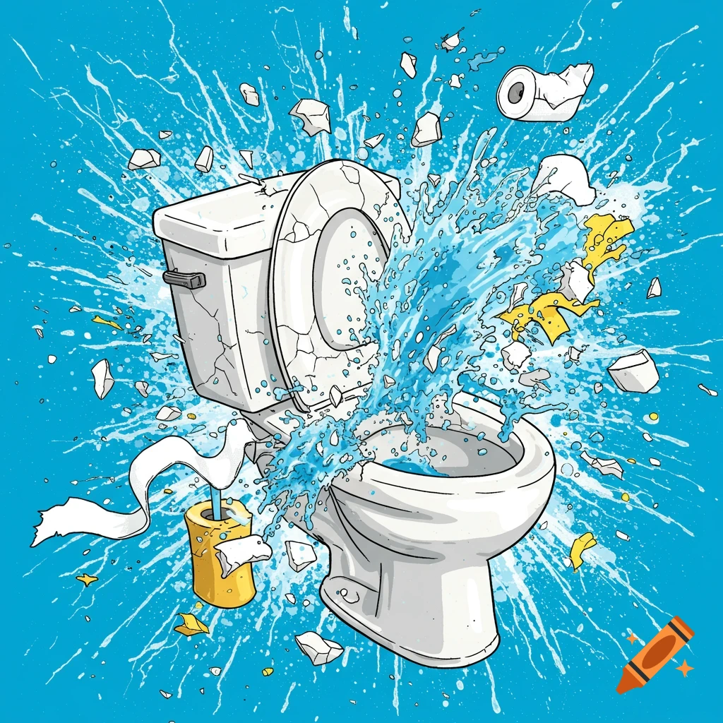 A cartoon illustration of a toilet exploding with water and ceramic ...