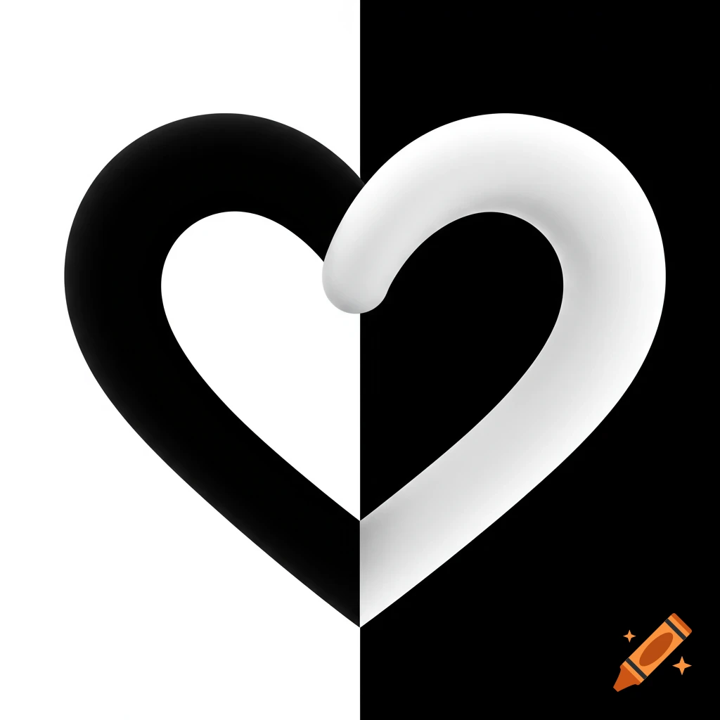 Sleek image of a black and white heart intertwining into grey on Craiyon