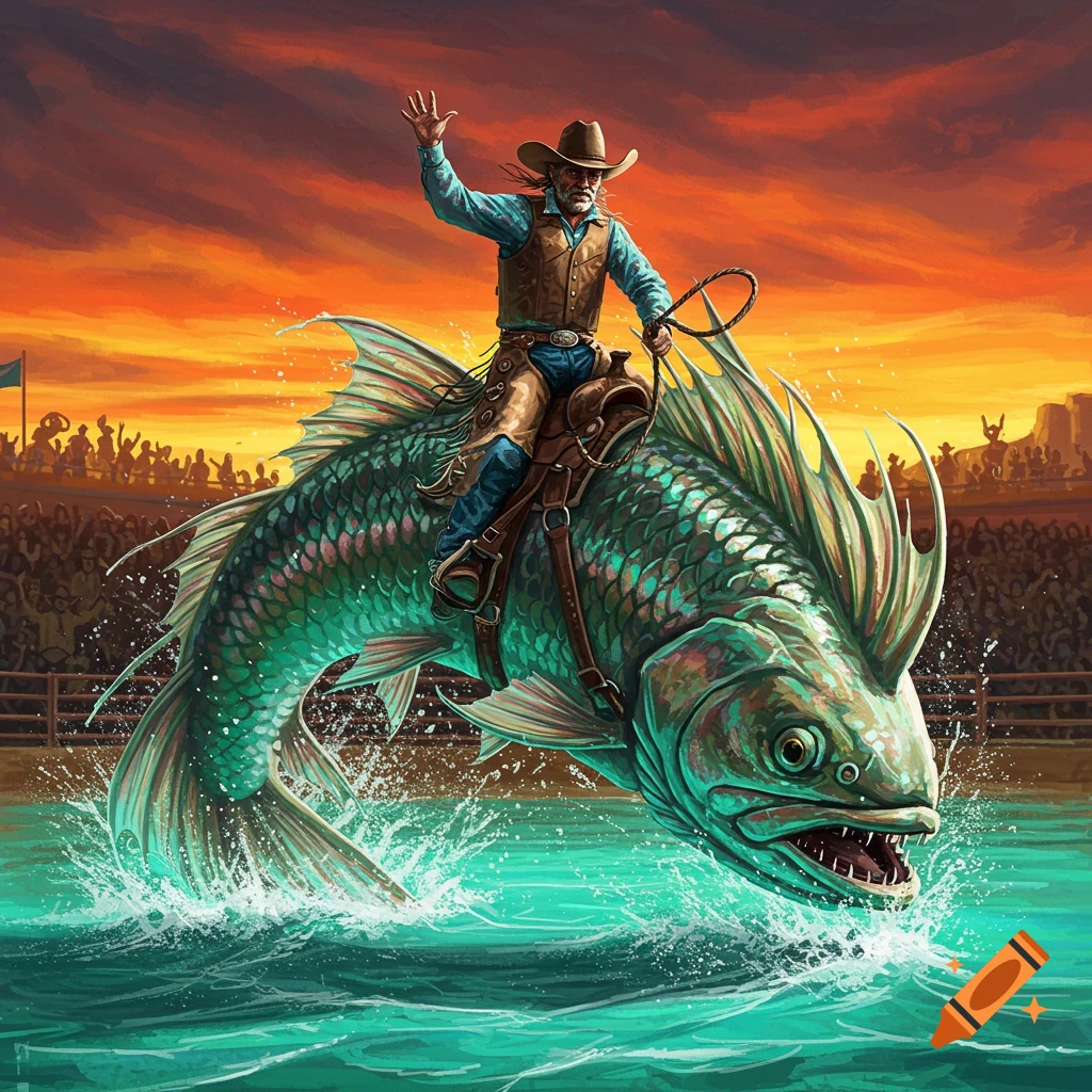 Cowboy rides a giant fish through water in a rodeo arena packed with ...