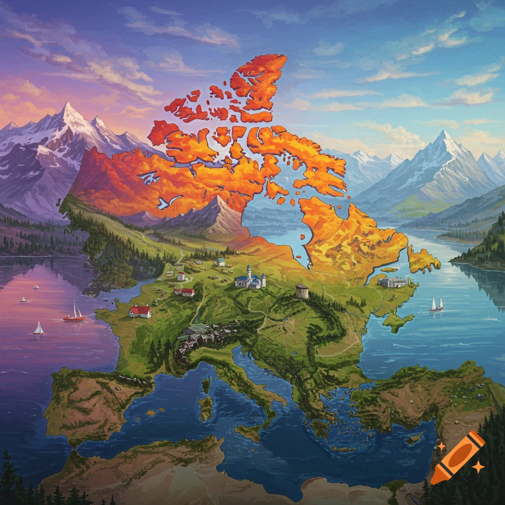 Illustration showing the map shapes of Canada and Europe merged and ...