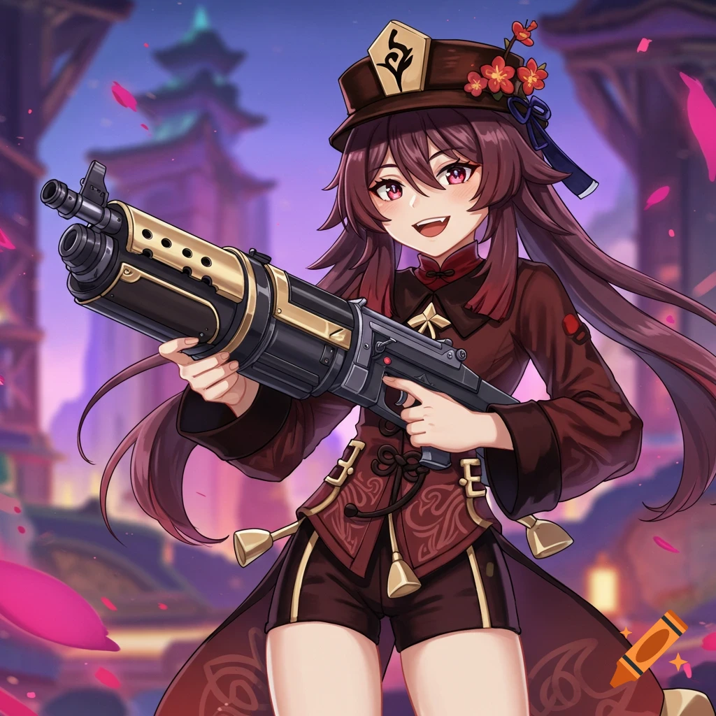 Anime drawing of Hu Tao from Genshin Impact holding a large machine gun ...