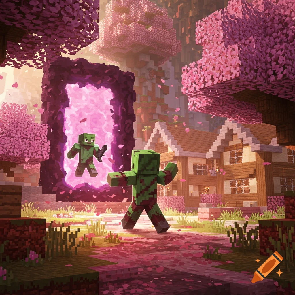 Minecraft character emerging from nether portal in cherry blossom biome ...