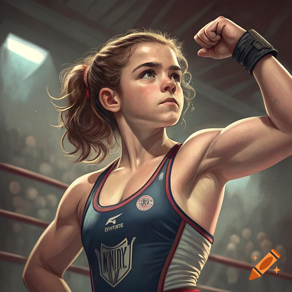 Young female wrestler flexing her bicep in a wrestling ring, digital ...