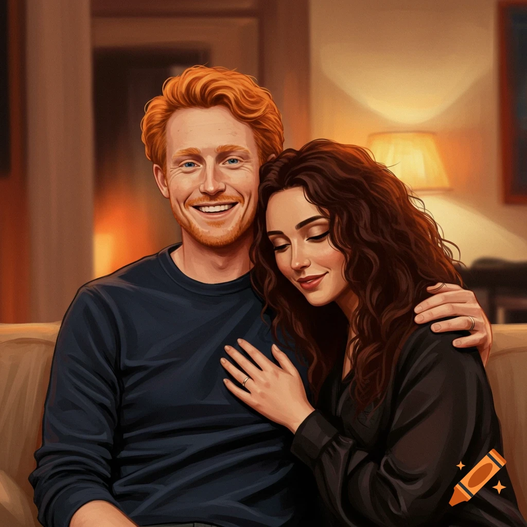A ginger man with his arm around a woman with curly, black hair on Craiyon