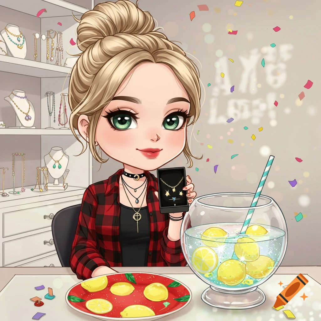 Chibi style young woman with blonde hair in messy bun holding jewelry ...