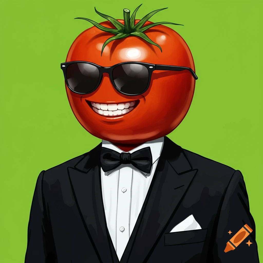 Illustration of a smiling tomato wearing a black tuxedo, bow tie, and ...