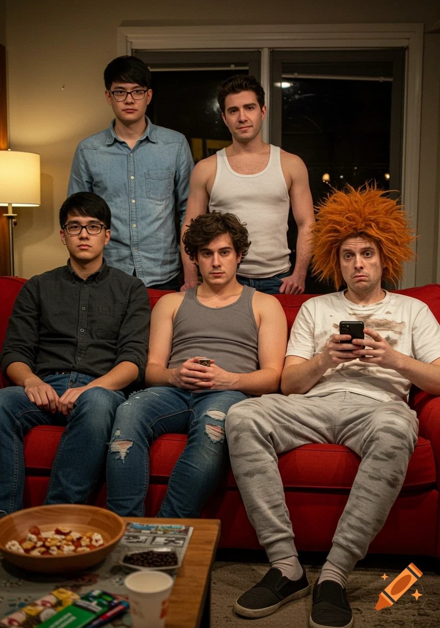 Four men on a red couch in an apartment on Craiyon