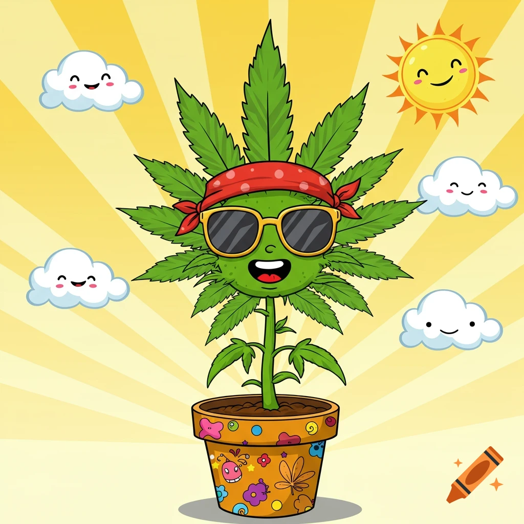 A cartoon marijuana plant character in a pot wearing sunglasses and a ...