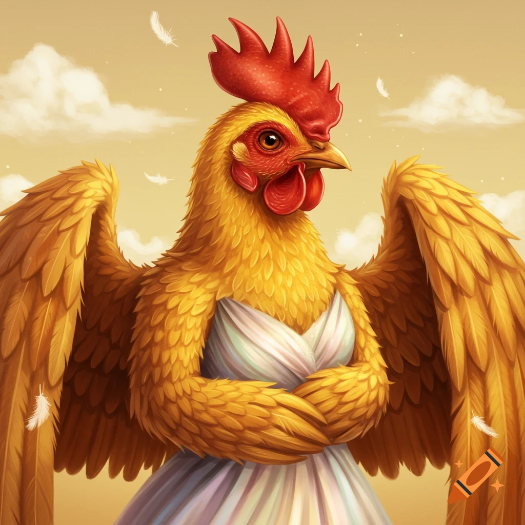 Anthropomorphic chicken with wings and human arms, wearing a white ...