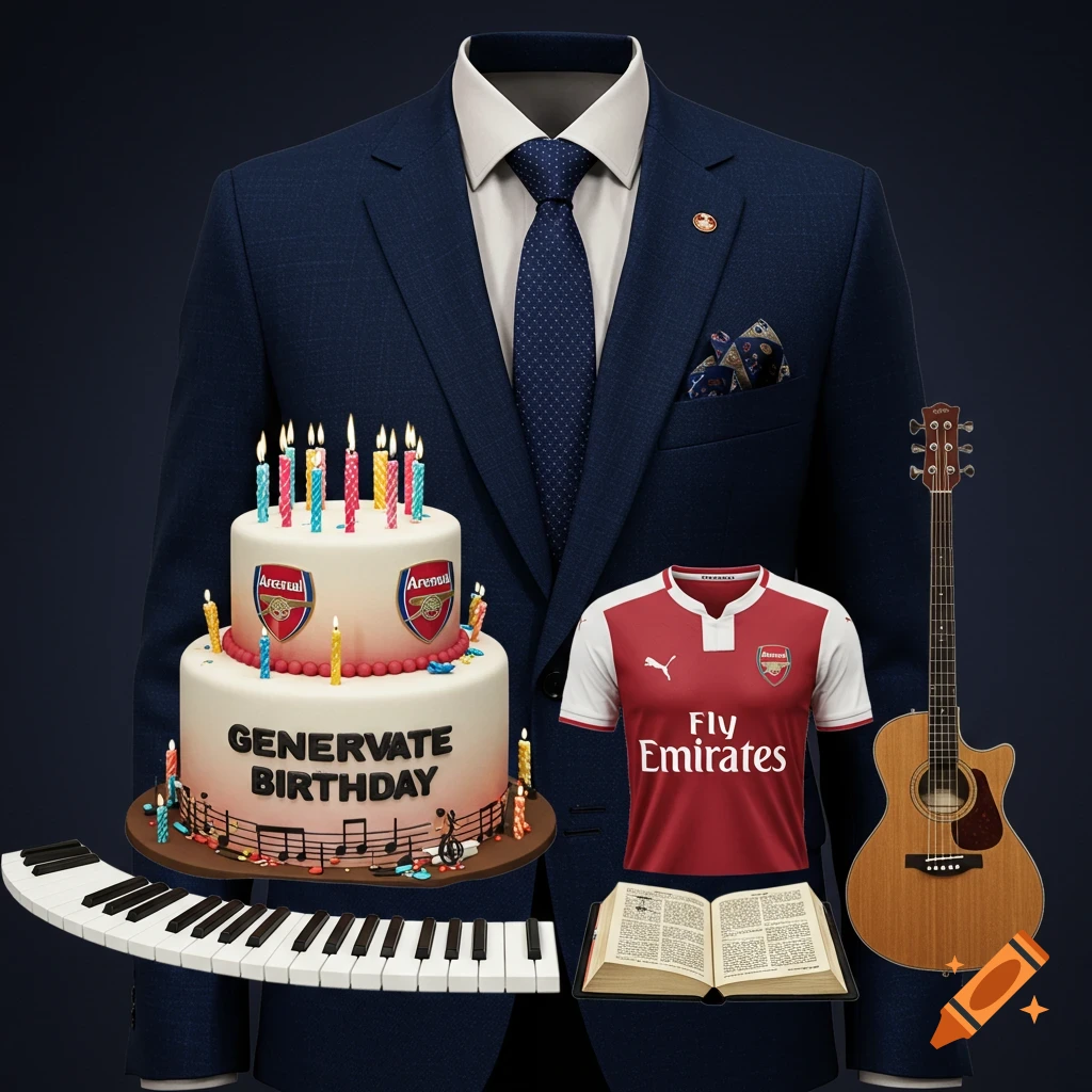 Suit jacket birthday cake, piano with music notes, Arsenal jersey, bass ...