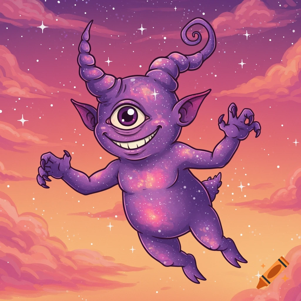 Cartoony purple monster with a horn and single eye eating a person in a ...