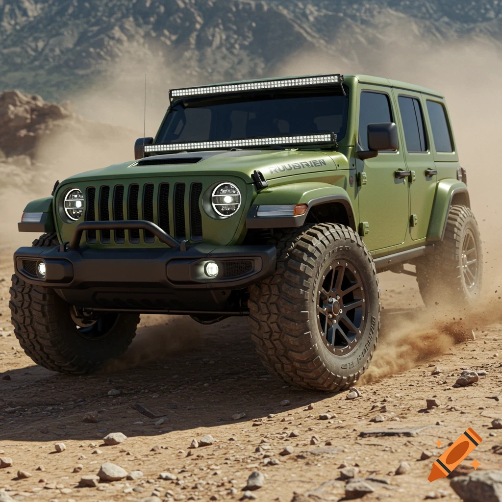 Army green Jeep Wrangler with off-road modifications on Craiyon
