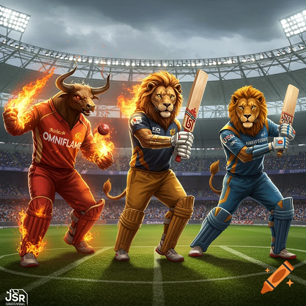 Dramatic cricket match featuring a fire-wreathed bull and cyber ...