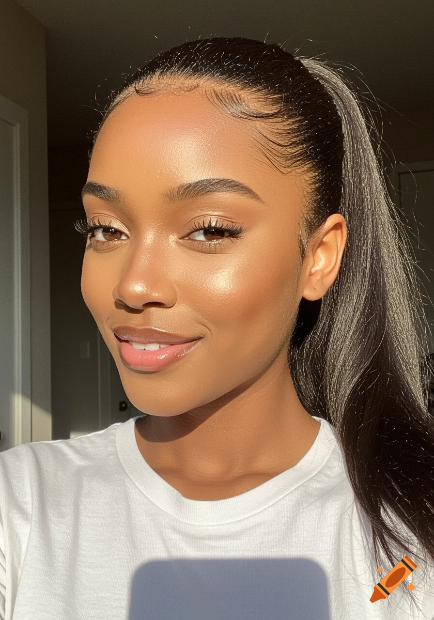 African American woman with ponytail selfie, light skin tone, photo ...