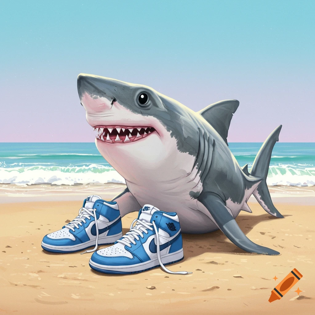 Shark with long legs wearing blue shoes on Craiyon