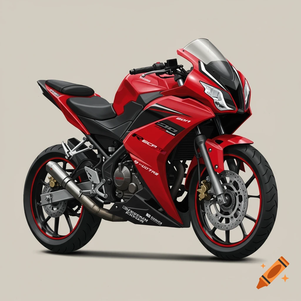 Red race-style motorcycle with clip-on handlebars and aerodynamic ...