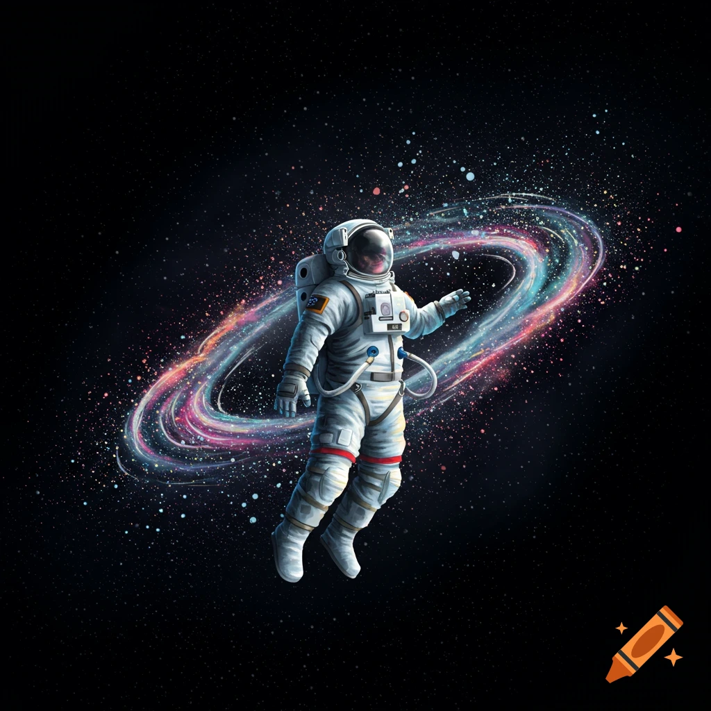 Astronaut floating in space surrounded by planets and spaceships on Craiyon