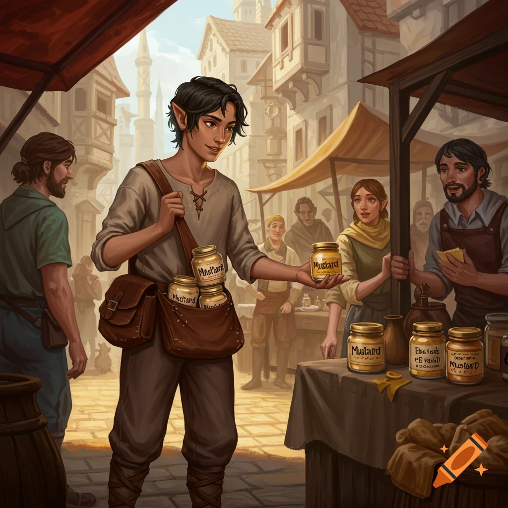 A young fantasy character sells jars of mustard at a busy market stall ...