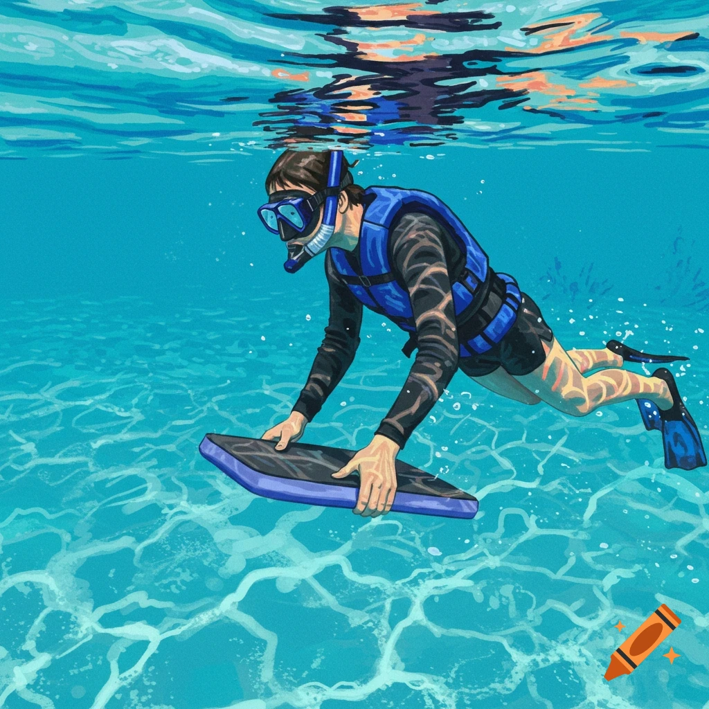Person using snorkel, mask, flutter board, and fins in a swimming pool ...