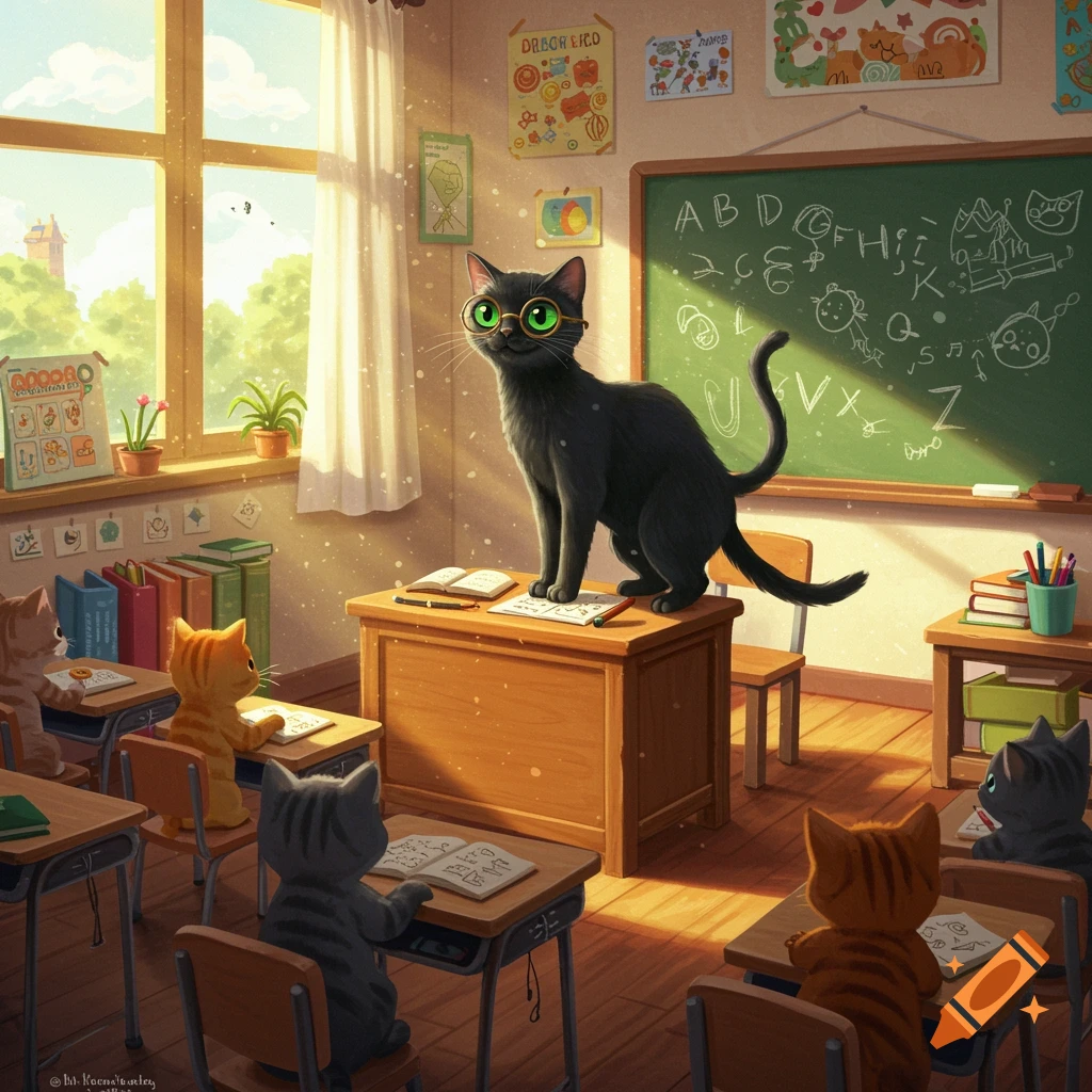 An illustration of a black cat teacher standing on a desk in a ...