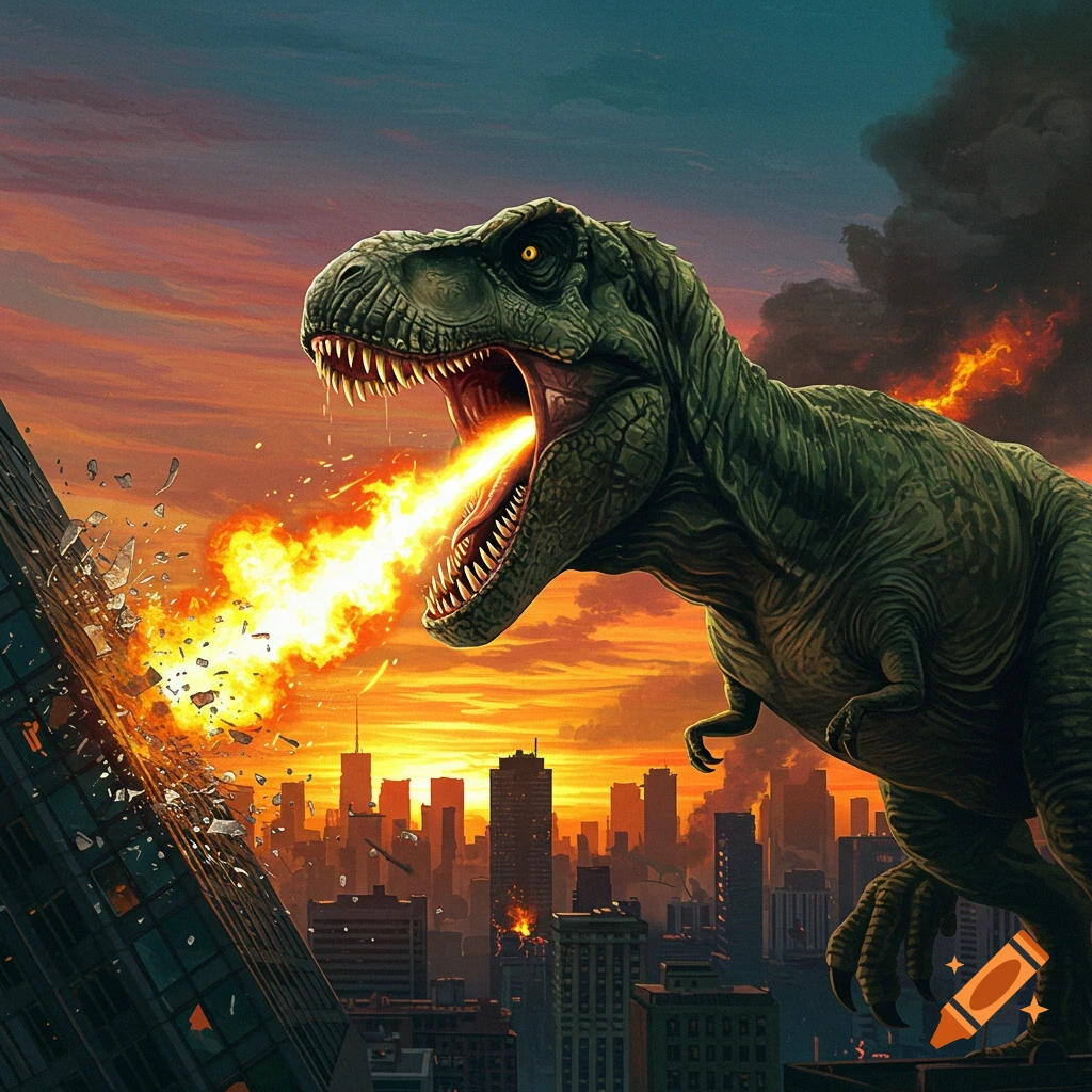 T-rex with flamethrower breath attacking city on Craiyon