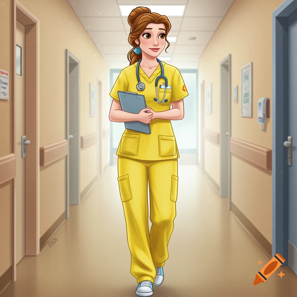 Princess Belle as a nurse in yellow scrubs on Craiyon