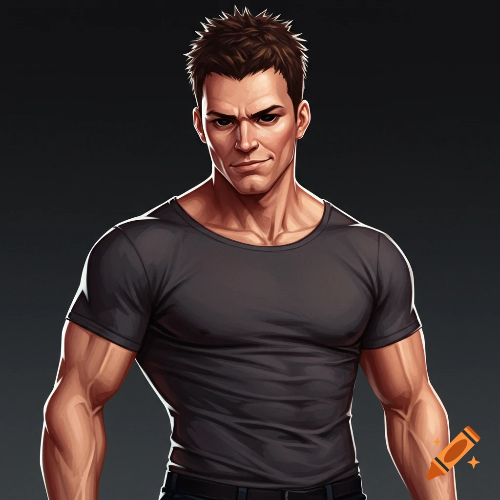 Illustration of a muscular man with short, spiky brown hair and a smug ...