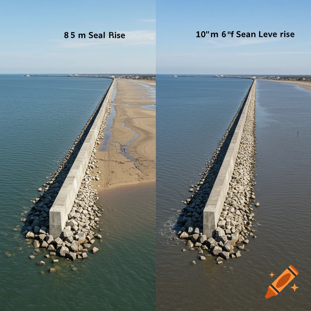 Seawall with different sea level rise scenarios on Craiyon