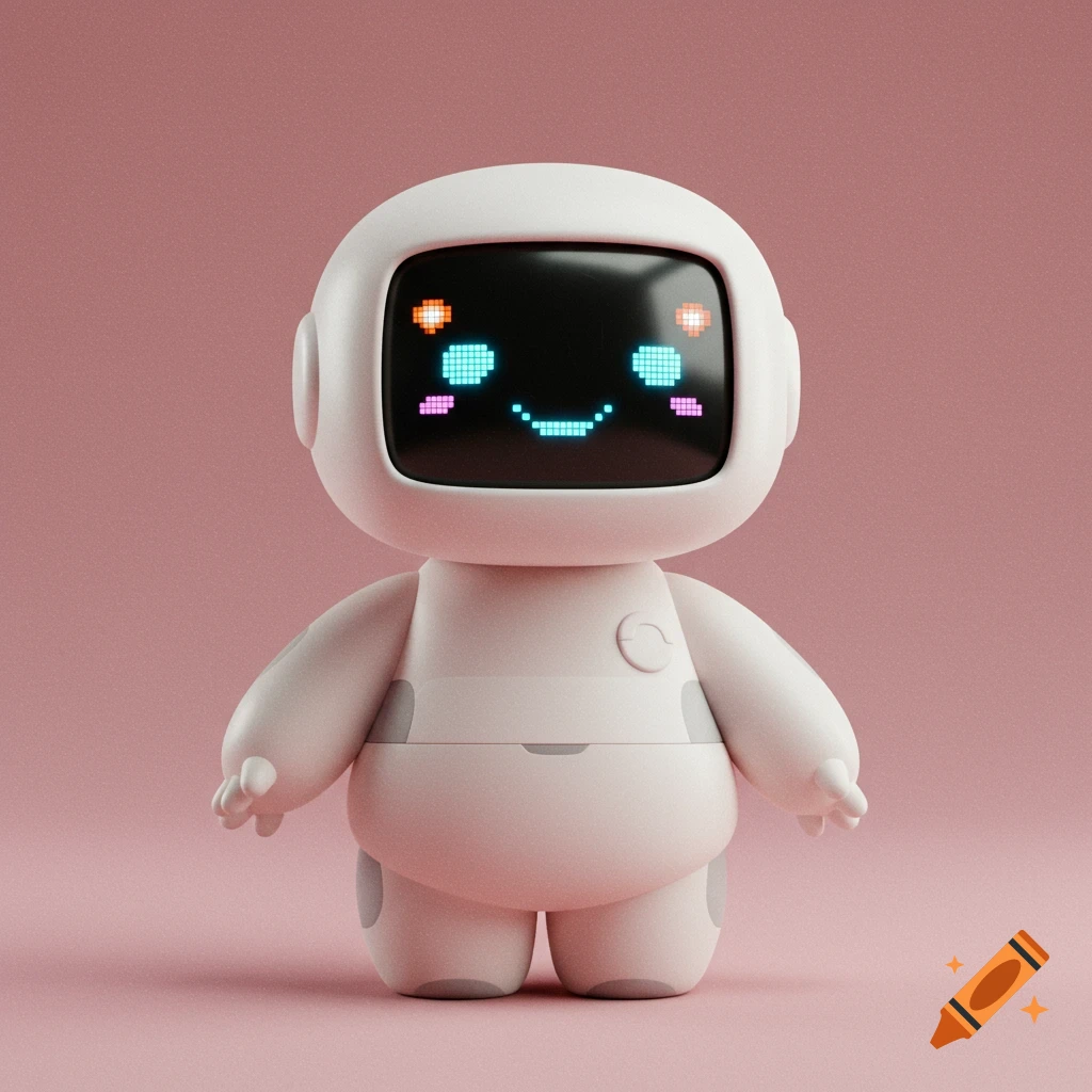 Chibi-style robot with silicone body and pixelated computer screen face ...